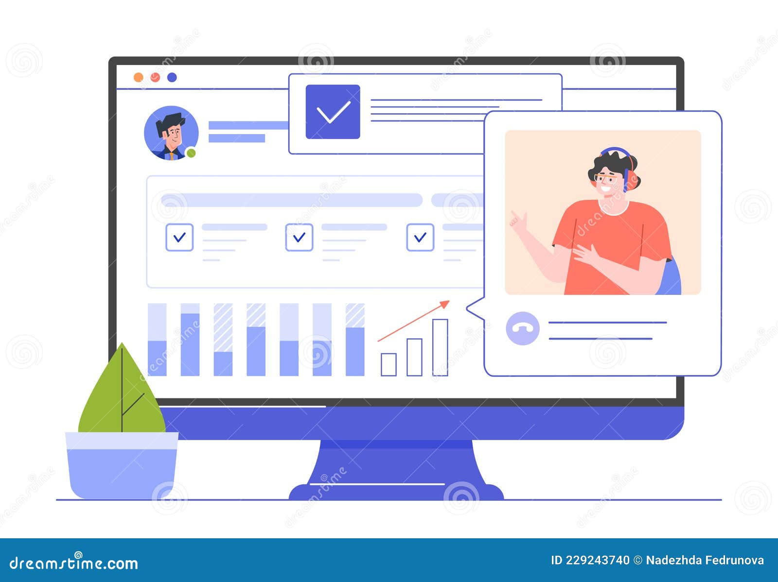Monitor With A Dashboard With Data, Checklists, Charts. Vector ...
