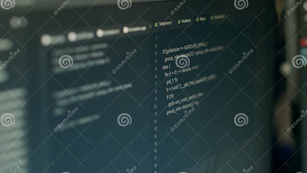 Monitor Display Of Software Developer Typing Database Functions Script Stock Image Image Of 