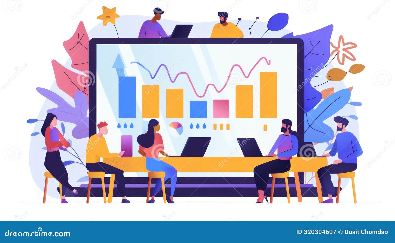 The Monitor Displays Graphs and Charts, and the People are Working on a ...