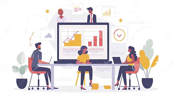 The Monitor Displays Graphs and Charts, and the People are Working on a ...