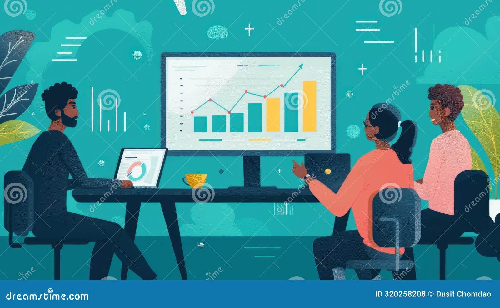 The Monitor Displays Graphs and Charts, and the People are Working on a ...