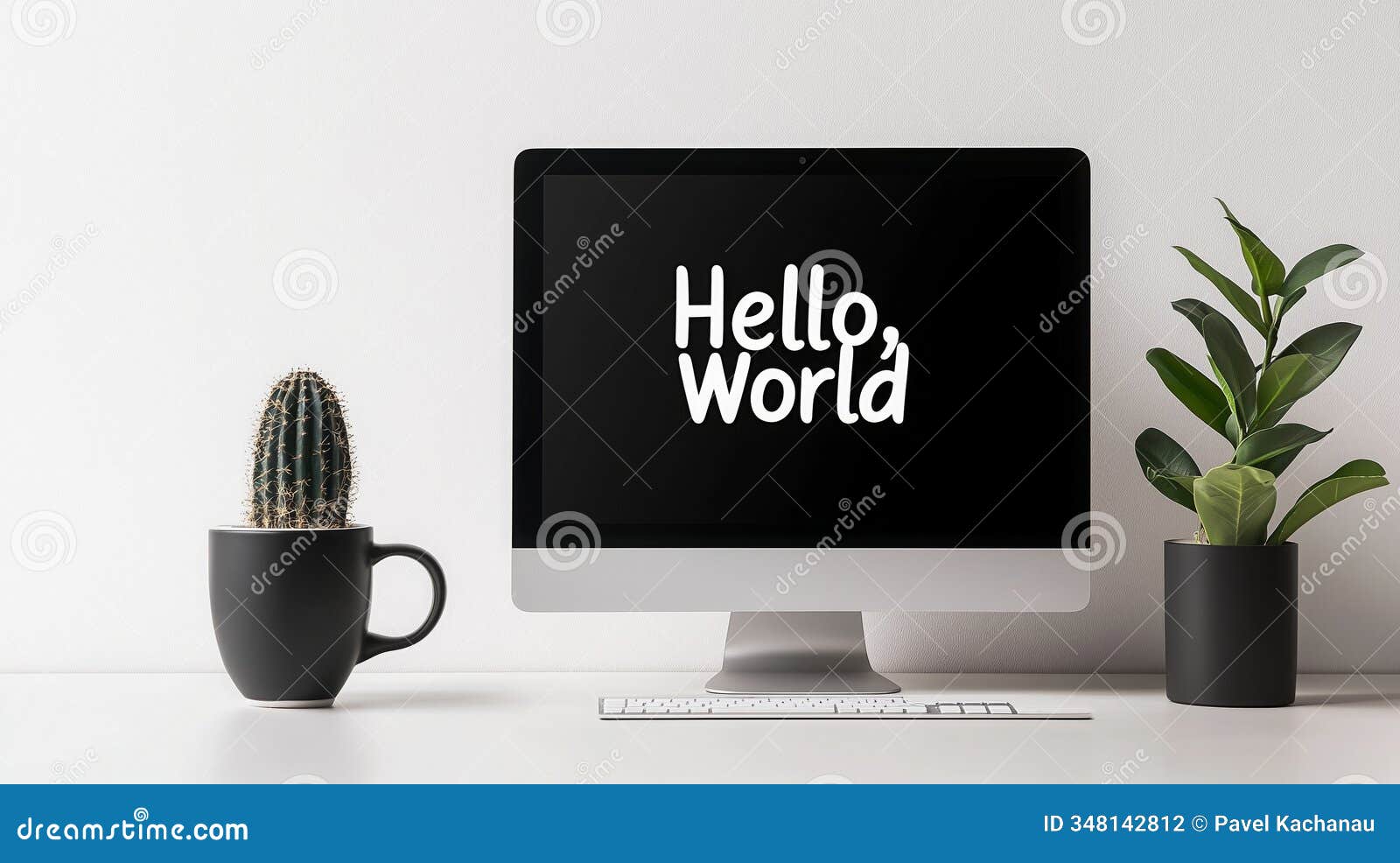 Monitor Displays Hello World with Plants Stock Photo - Image of ...