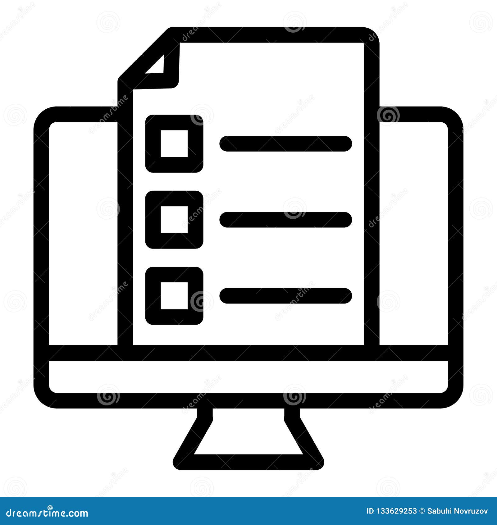Monitor with Document Line Icon. List on Computer Vector Illustration ...