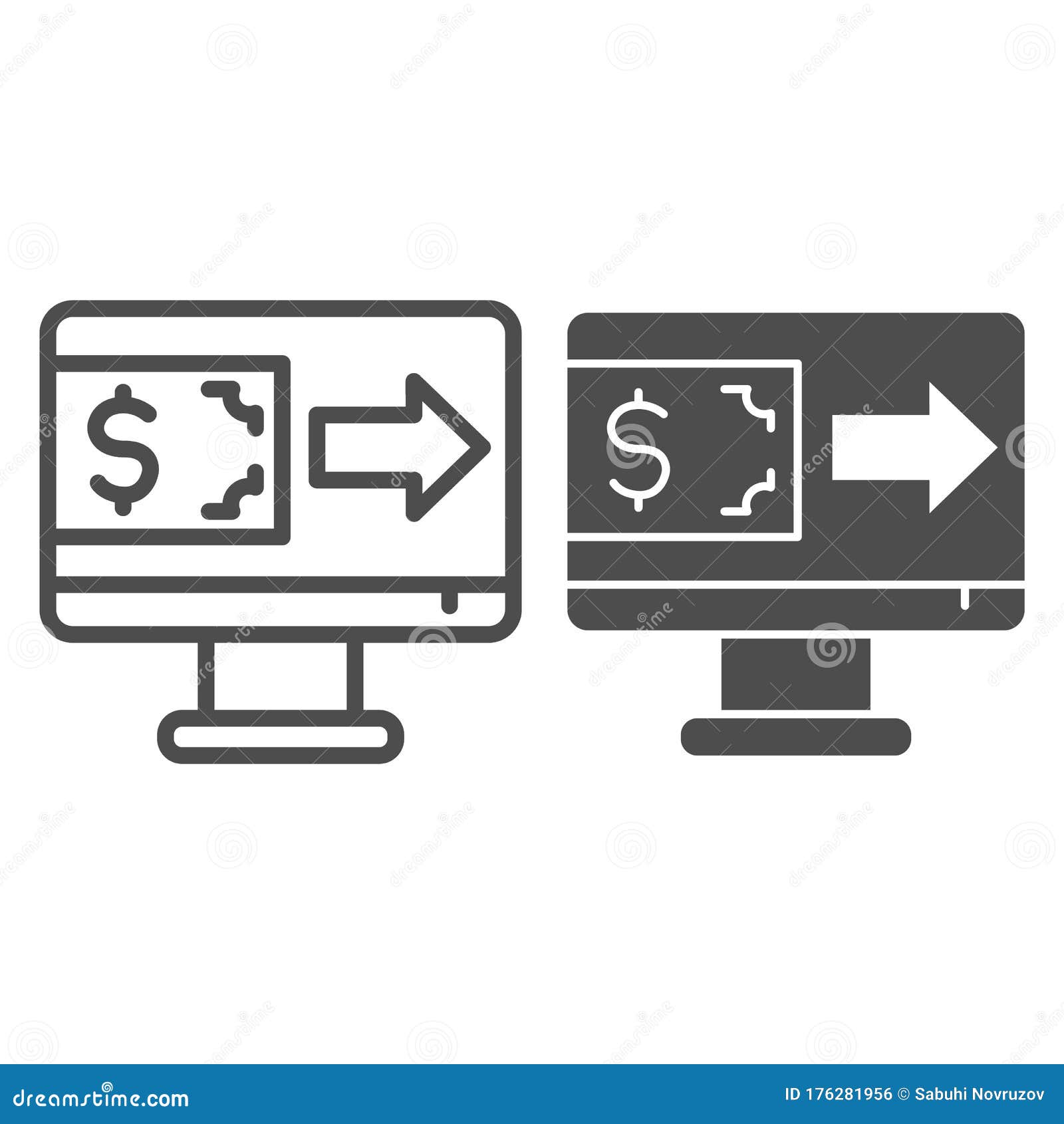 Monitor with Dollar Banknote and Arrow Line and Solid Icon. Computer ...