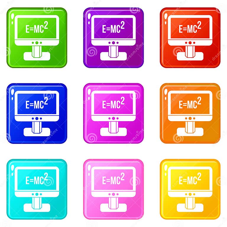 Monitor with Einstein Formula Icons 9 Set Stock Vector - Illustration ...