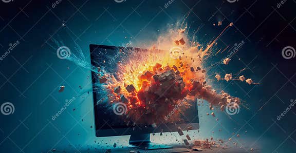 Monitor Exploding with Fire and Smoke, Generative AI Stock Illustration ...
