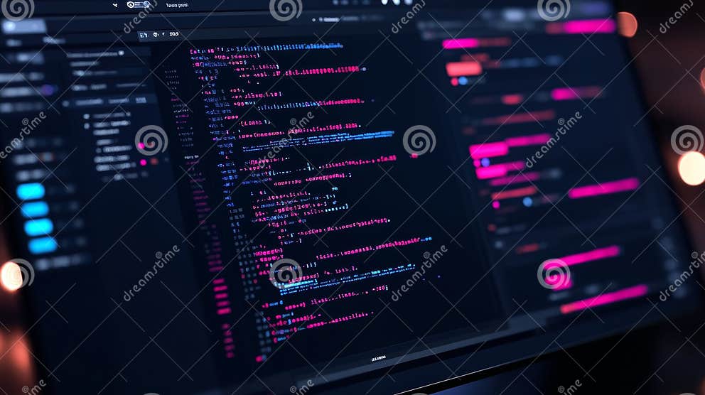 Green Source Code Displayed on a Monitor with a Black Background Showcasing Various Coding ...