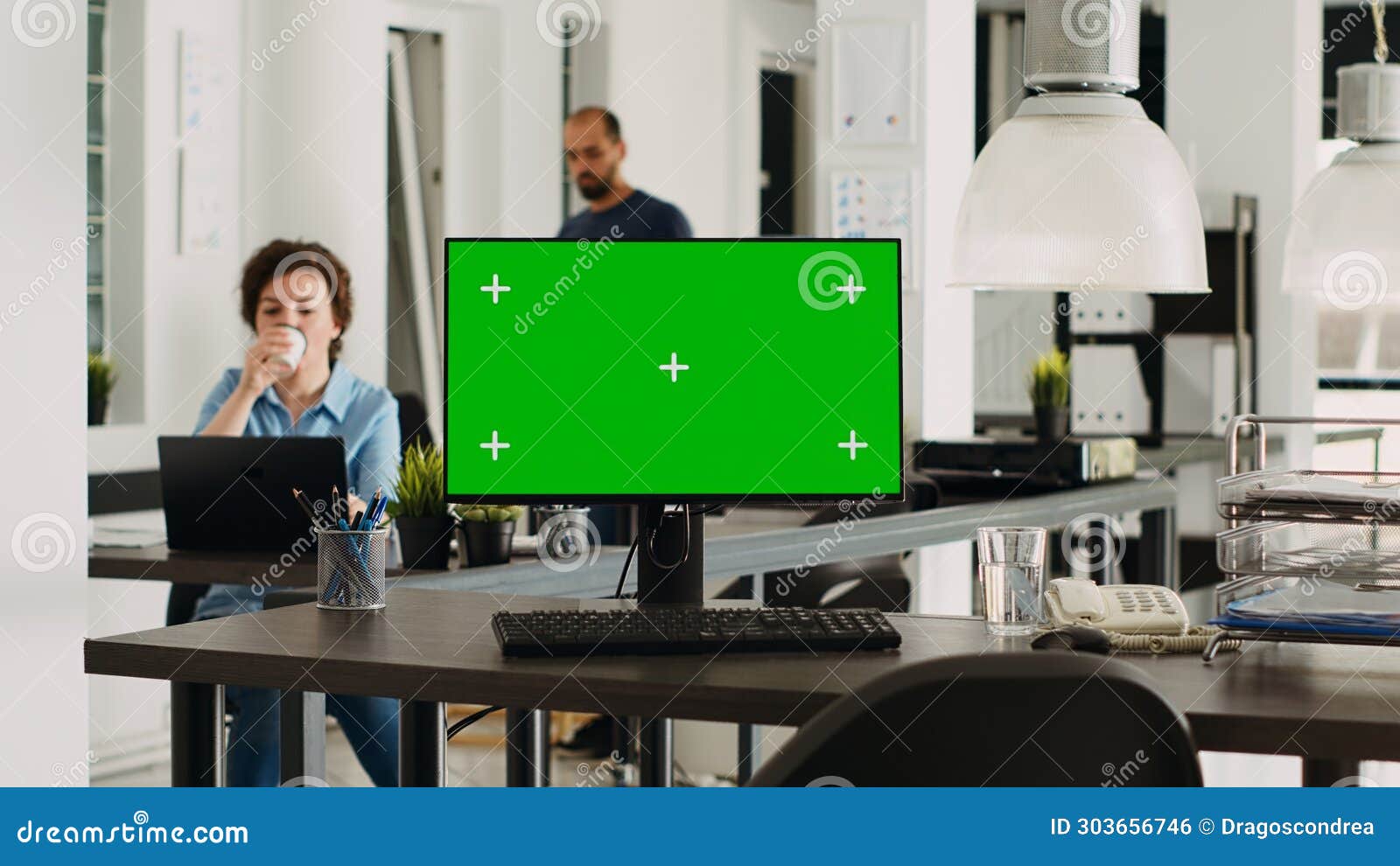 Monitor with Greenscreen on Empty Desk Stock Photo - Image of working ...