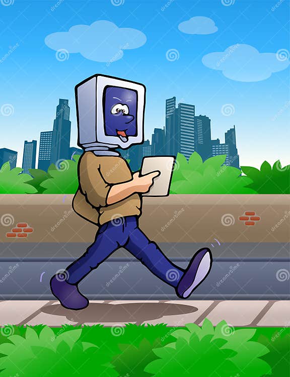 Monitor head man walking stock illustration. Illustration of technology ...