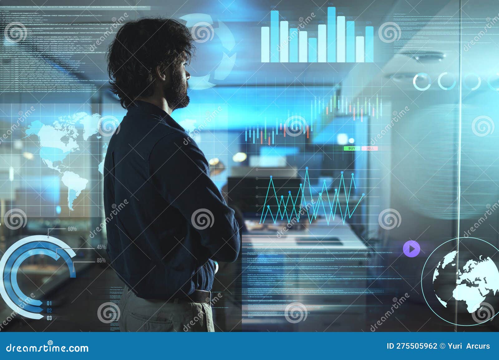 Monitor Hologram, Business Man and Information Technology, Data Analytics or Global Networking ...