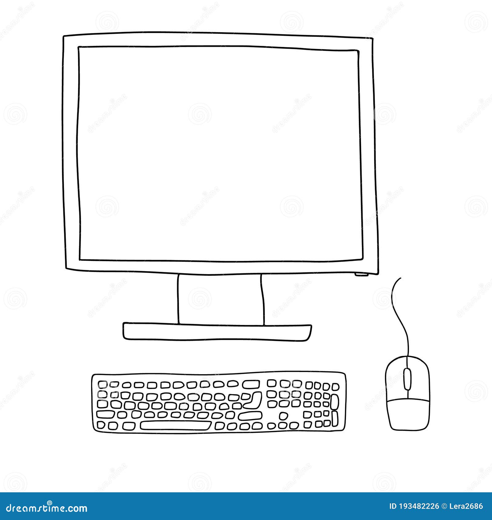 Monitor, Keyboard and Mouse in Doodle Style.Workplace,office Equipment ...