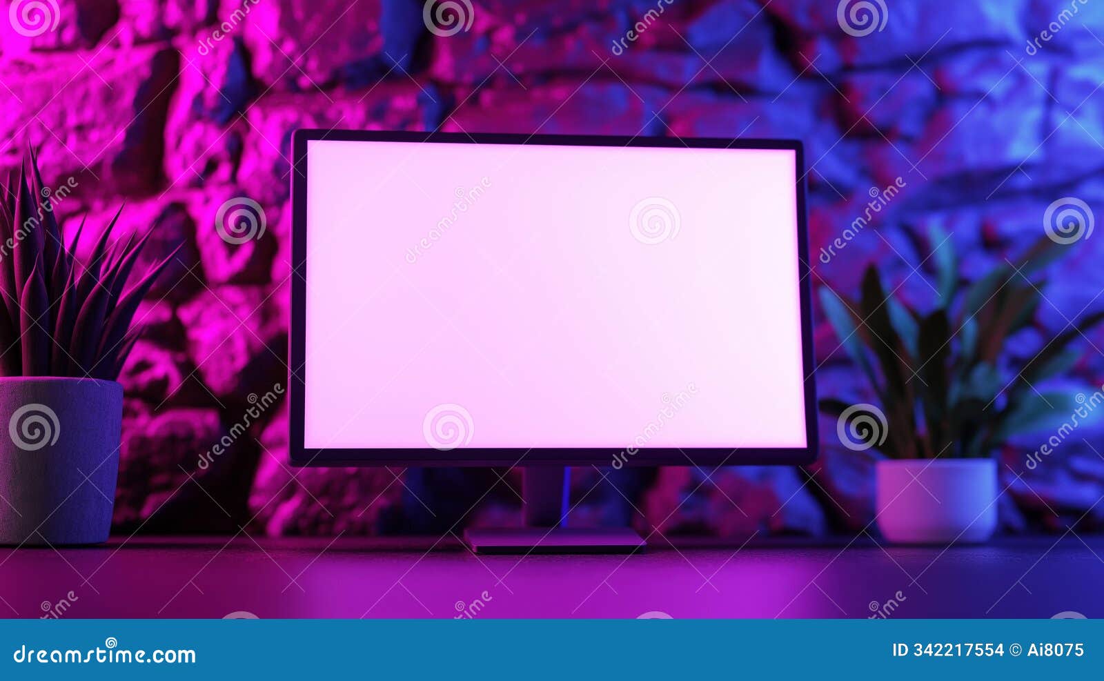 Monitor Mockup with Pot Plants Neat Rock Wall, Ai Generated Stock Photo ...