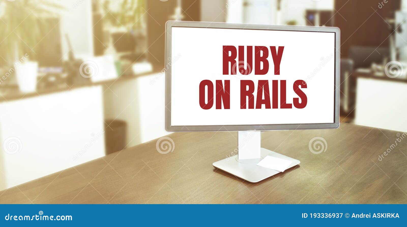 Monitor in Modern Office with Text RUBY on RAILS on the Screen Stock ...