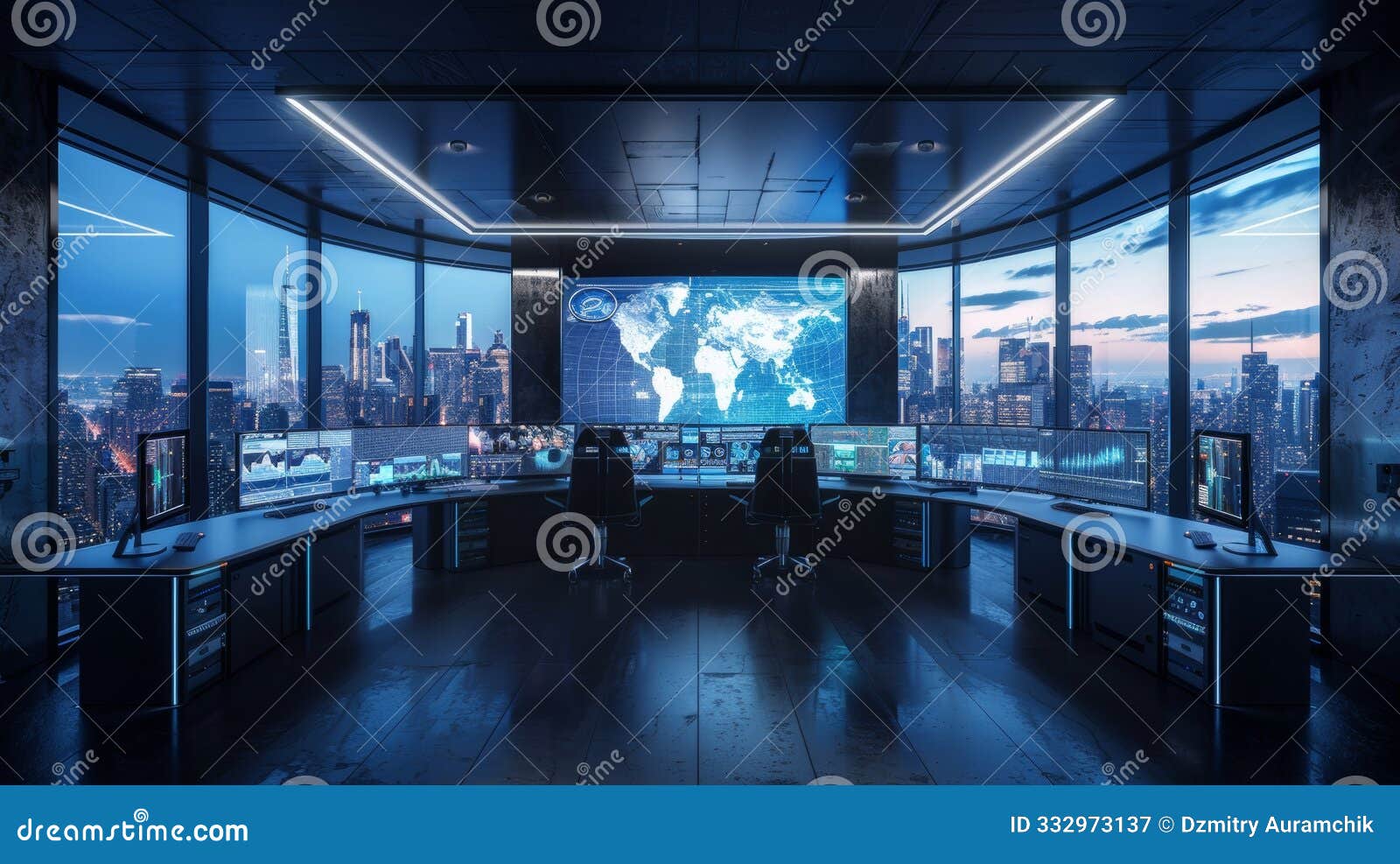 Monitor Room Surrounded by Desktop Computers, Chairs, and Sleek Office ...