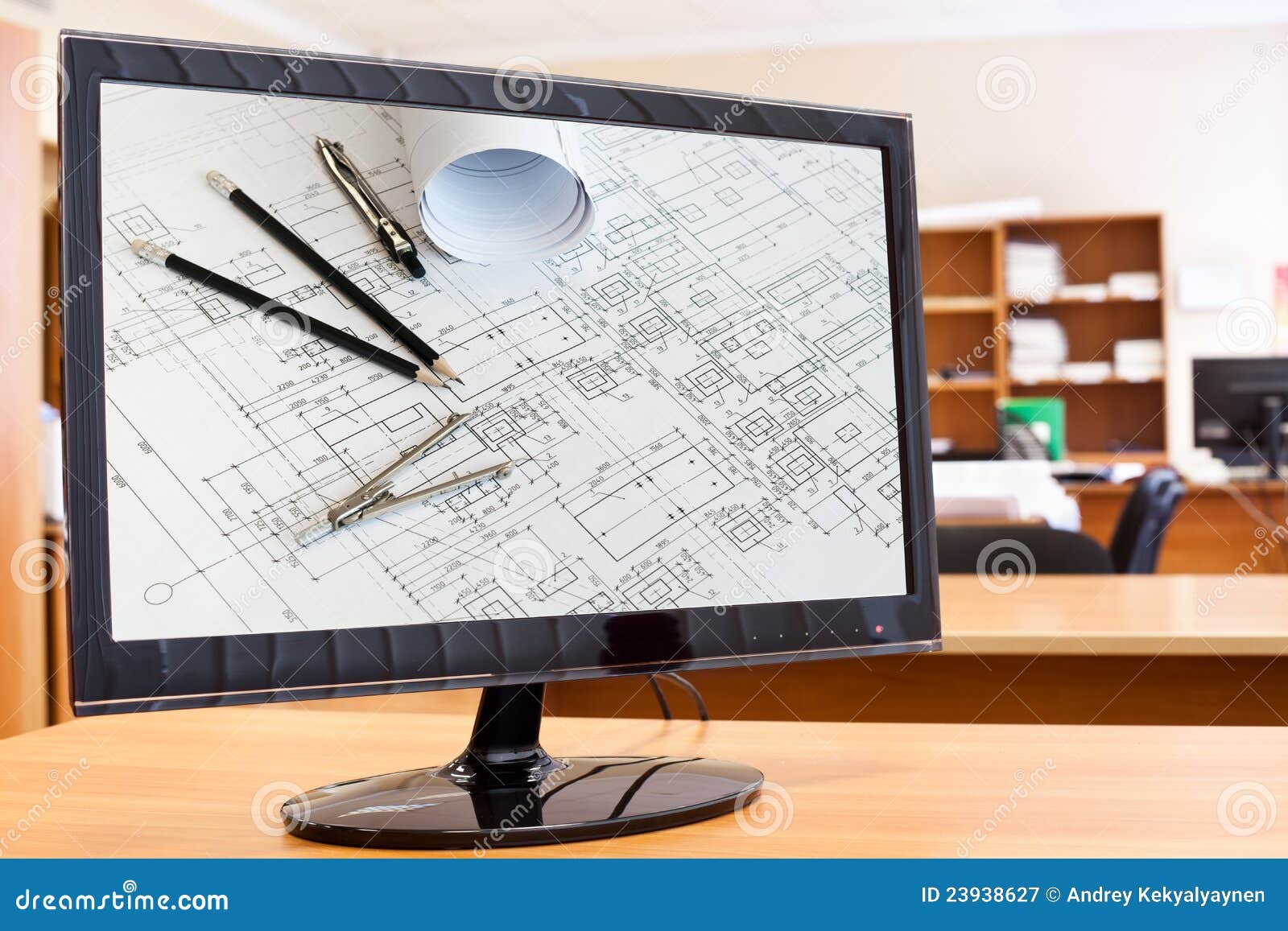 Monitor Screen with Blueprints and Tools Stock Image - Image of desktop ...