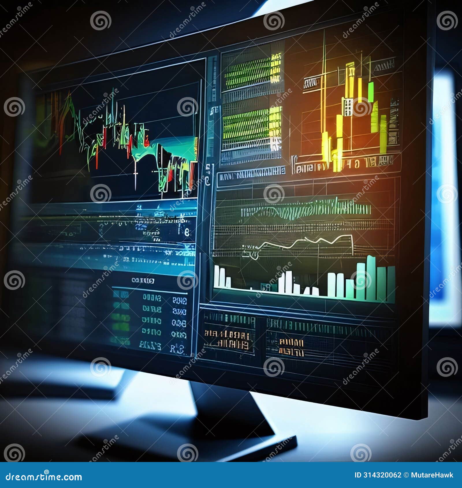 Monitor with Stock Market Data on Screen. 3d Rendering Toned Image ...