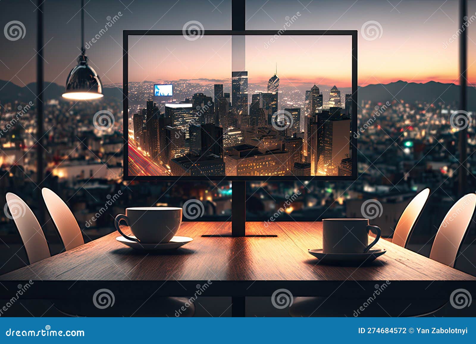 Monitor on Table on Top of Skyscraper Cafe. Generative AI Stock ...