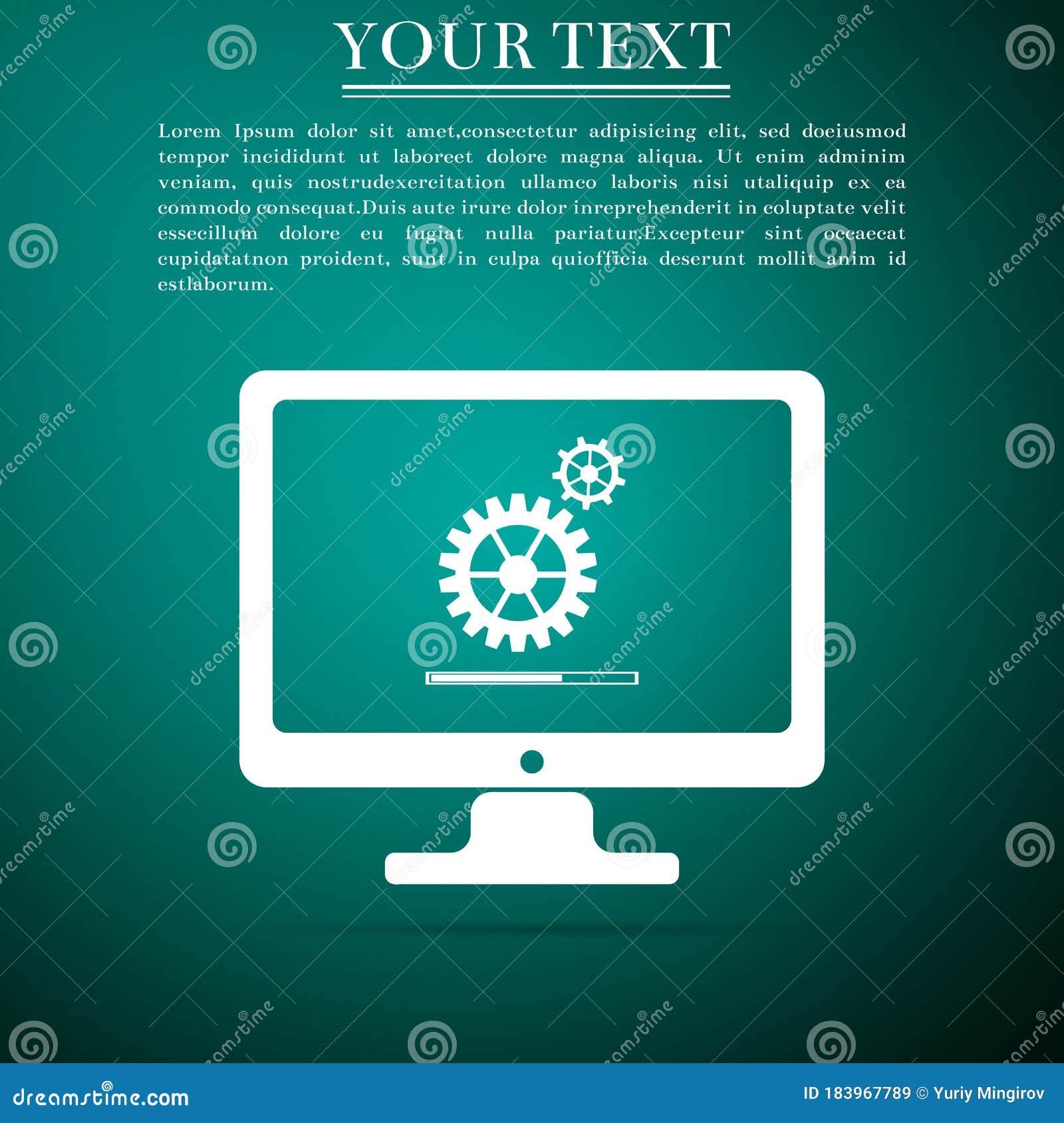 Monitor Update Process with Gearbox Progress and Loading Bar Icon on Green Background. Computer ...