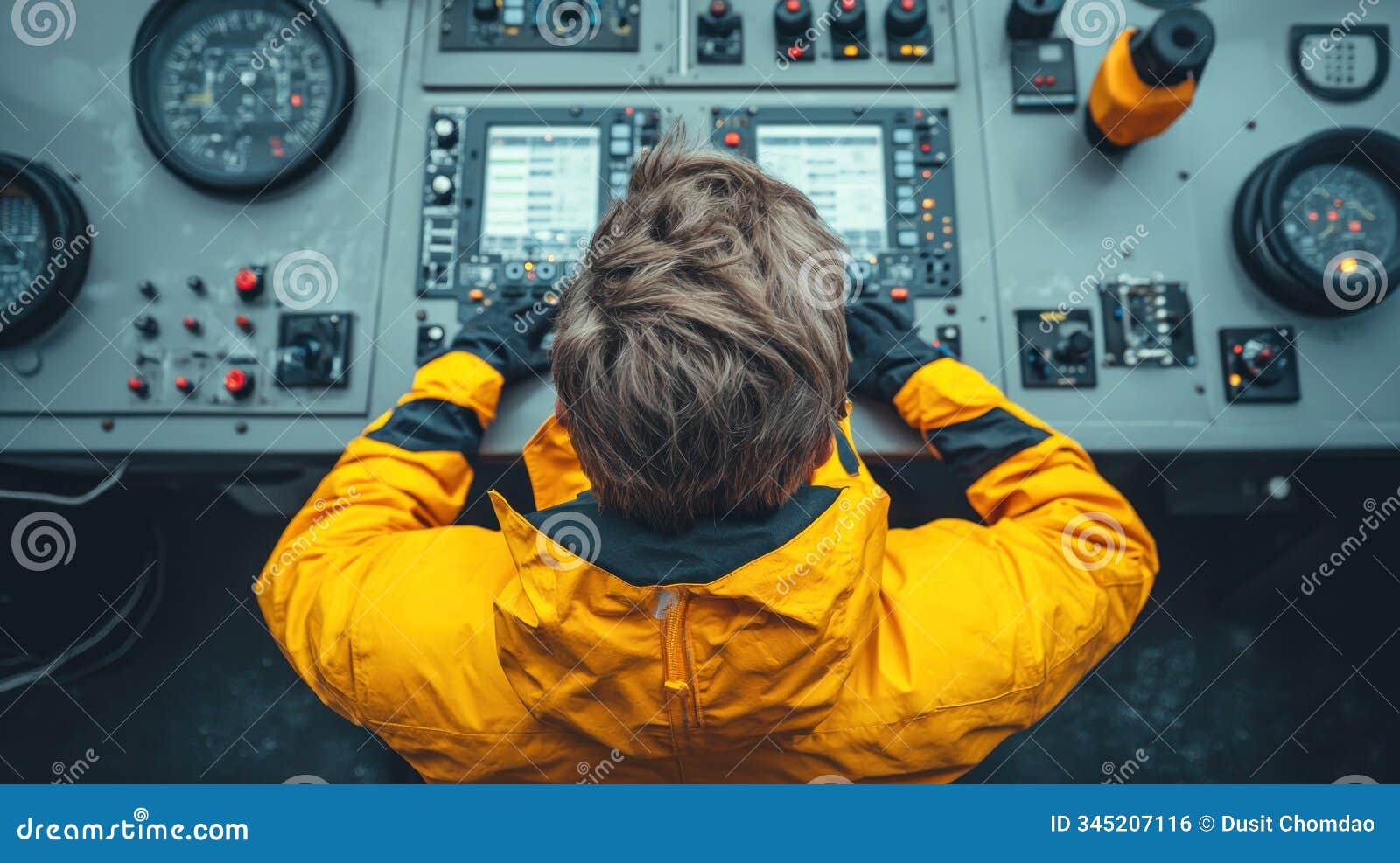 Monitoring Control Panel with Worker in Yellow Jacket Focused on Tasks ...