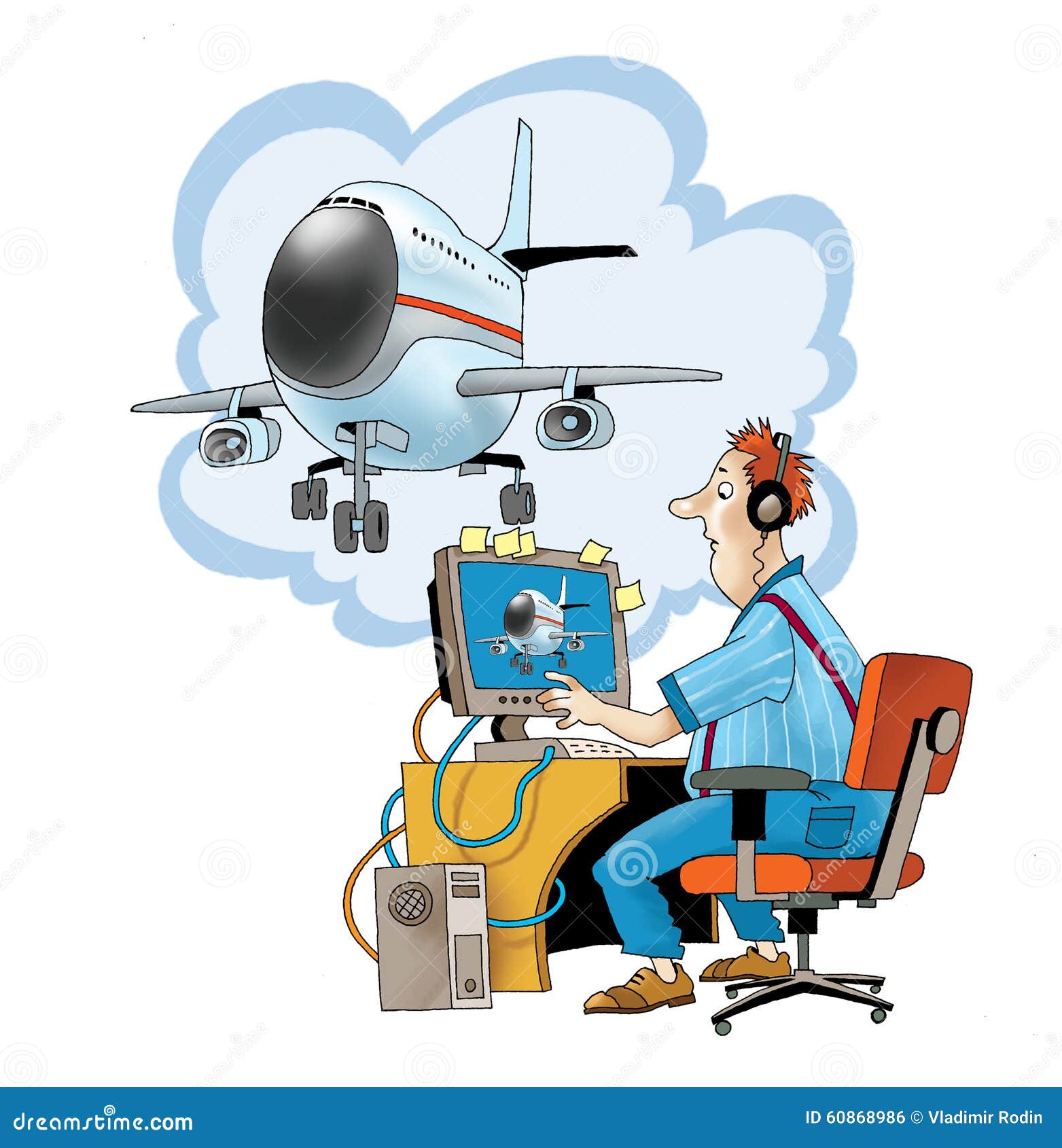 Monitoring Dispatcher Plane Computer Cartoon Drawing Stock Illustration ...