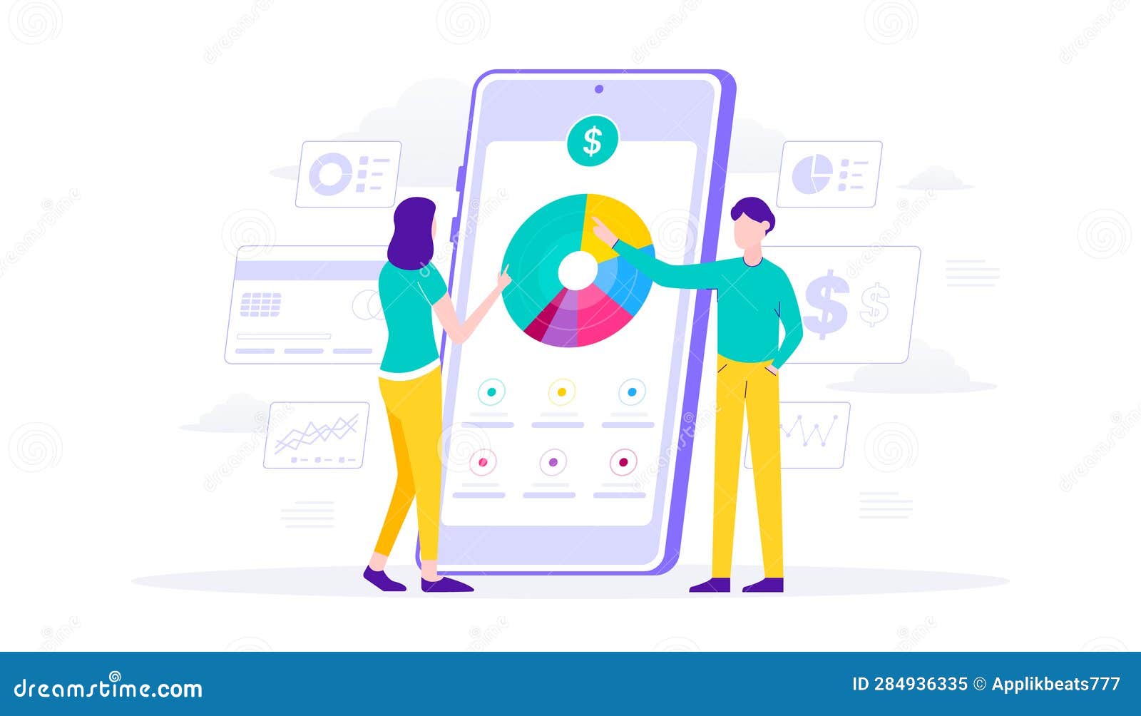 Monitoring Money E-wallet on Mobile App. Analyzing Graphs. Flat Vector ...