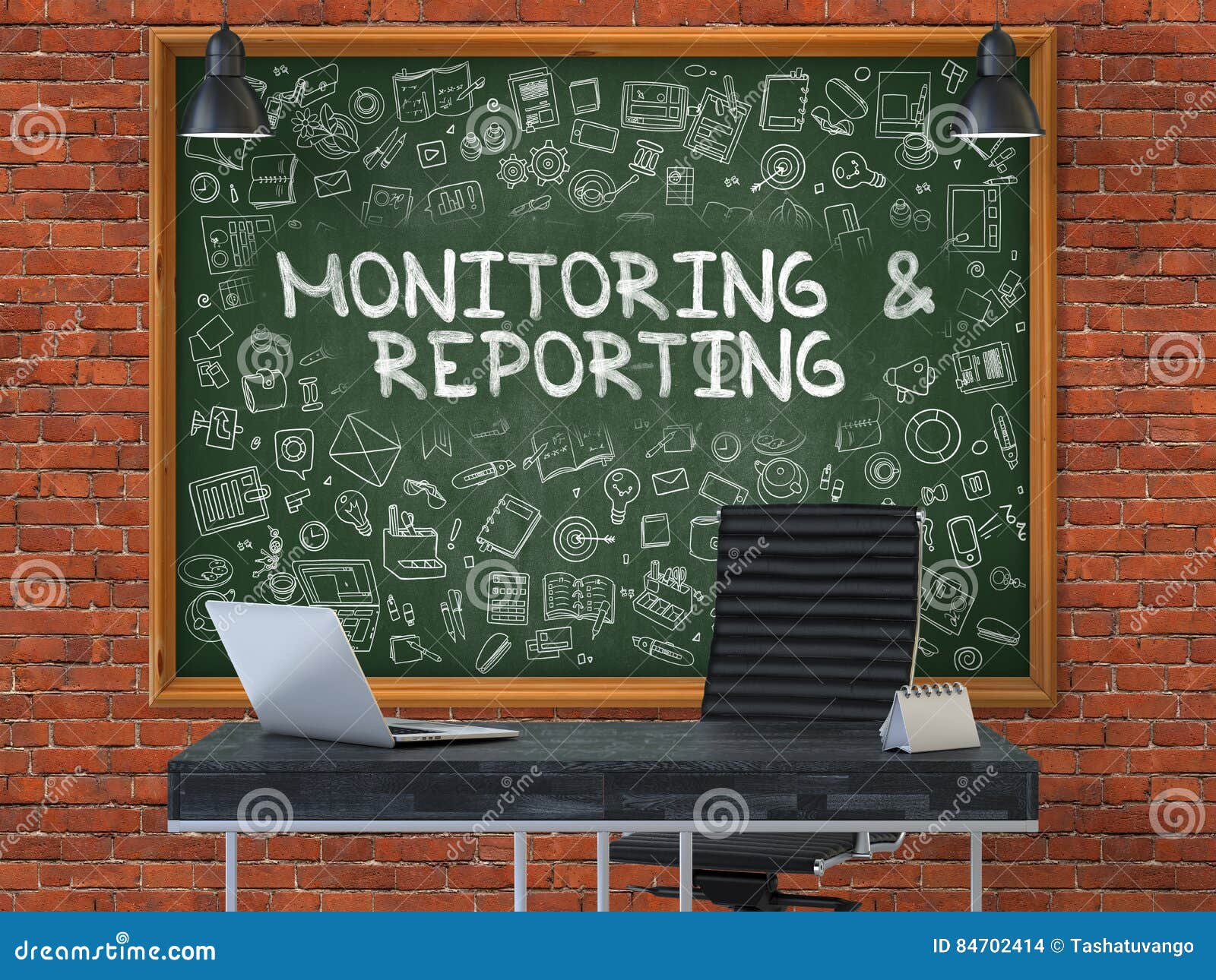Monitoring and Reporting on Chalkboard in the Office. 3D. Stock ...