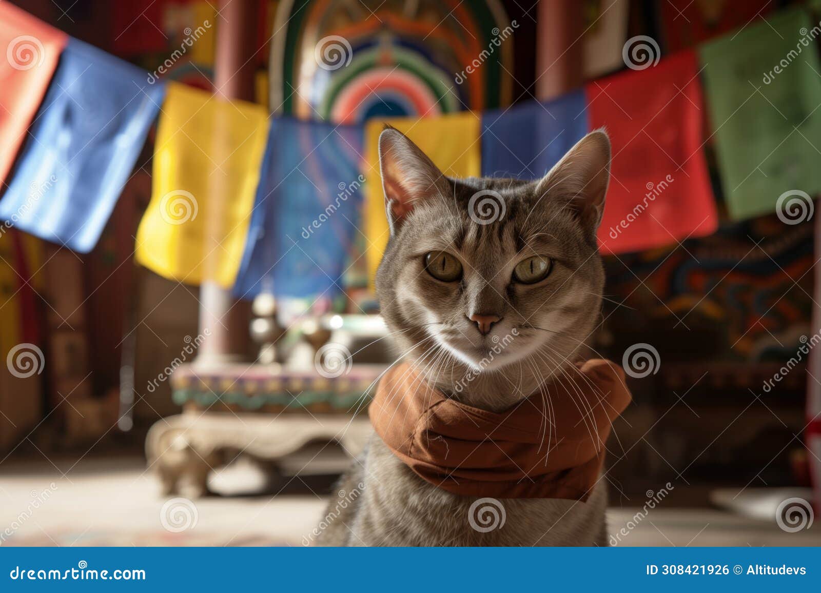 Monk Cat in Temple with Prayer Flags Behind Stock Photo - Image of ...