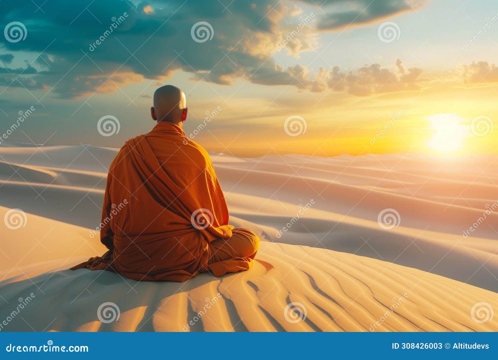 Monk on a Desert Dune at Dawn, Sitting Facing the Rising Sun Stock ...