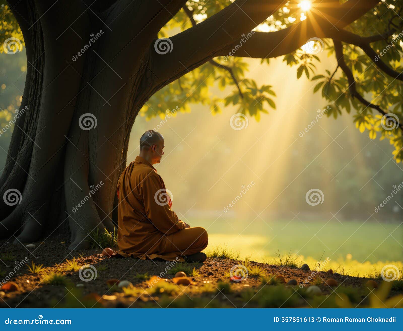 A Monk Engages in Deep Meditation Under a Tree, with Sunlight Gently ...