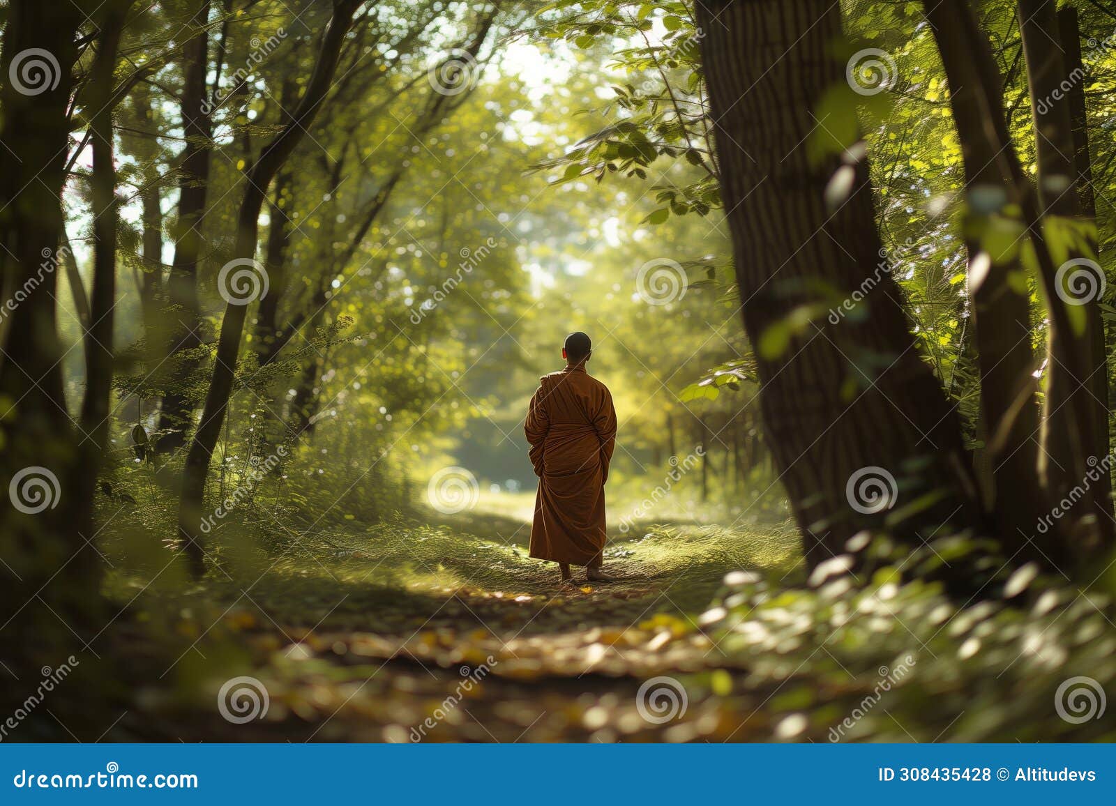 Monk in a Forest Clearing, Back To the Camera, Surrounded by Trees ...
