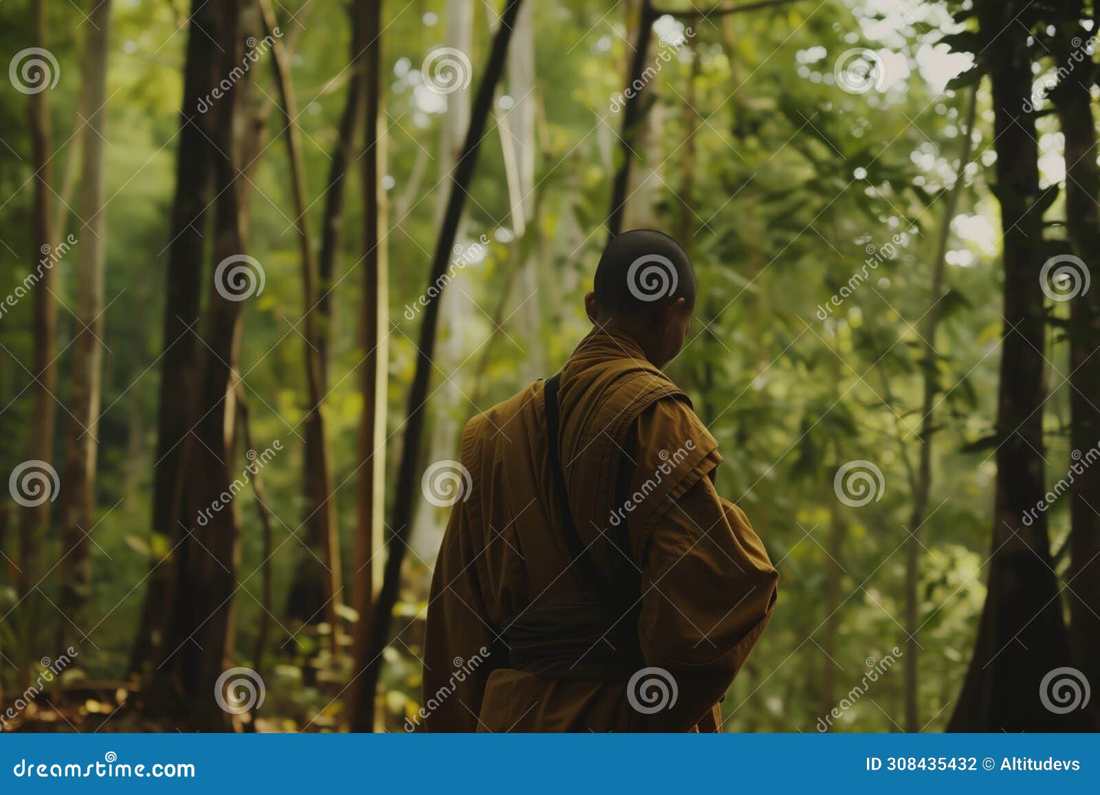Monk in a Forest Clearing, Back To the Camera, Surrounded by Trees ...