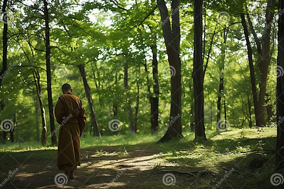 Monk in a Forest Clearing, Back To the Camera, Surrounded by Trees ...