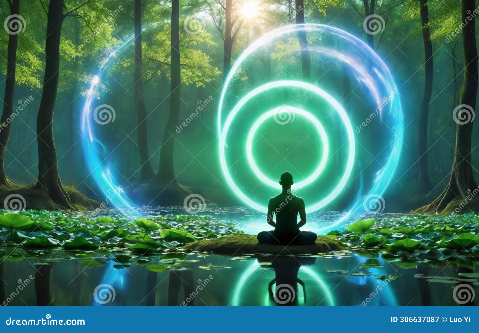 Monk in Lotus Pose Practicing Meditation in Spring Forest in Magic ...