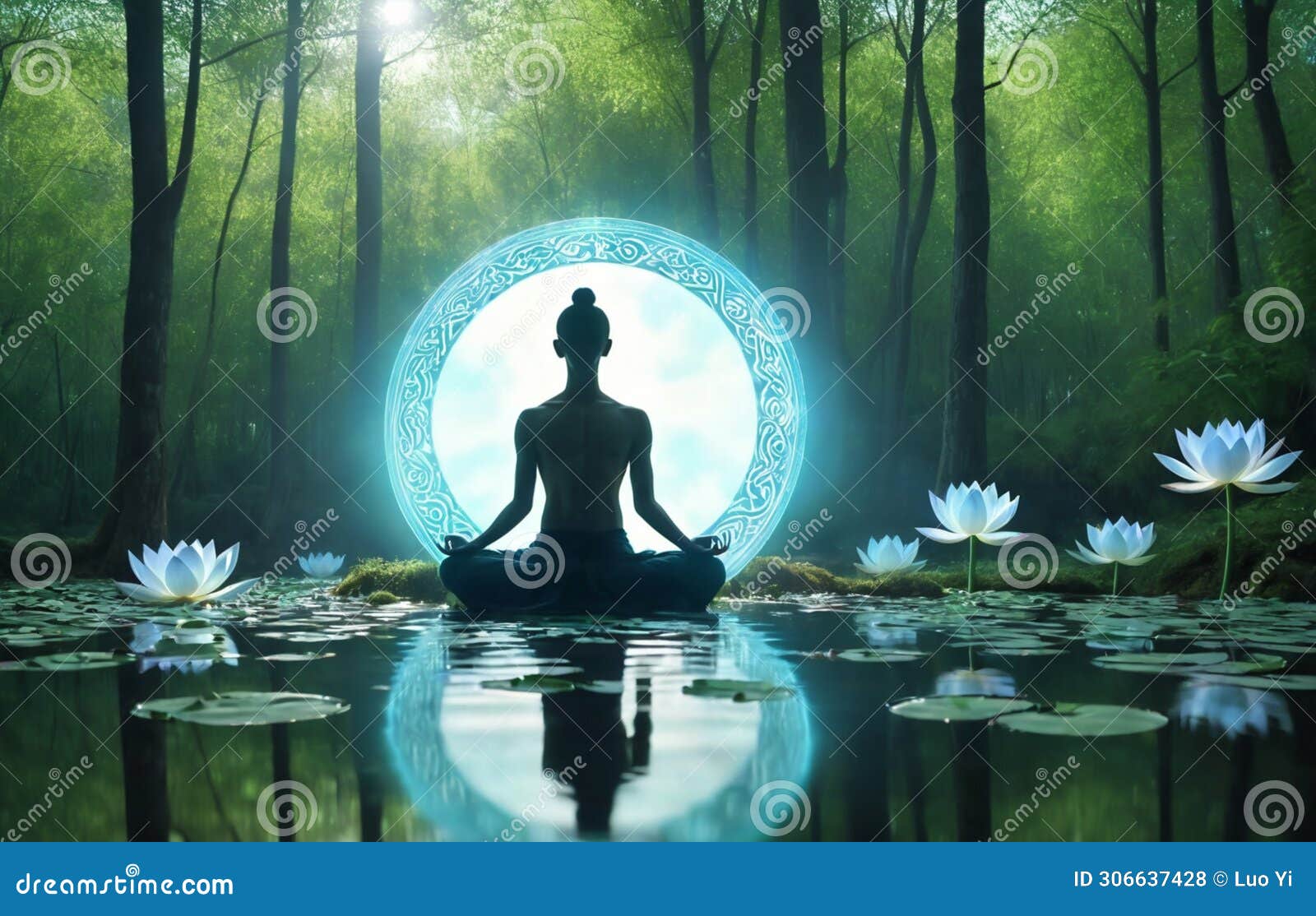 Monk in Lotus Pose Practicing Meditation in Spring Forest in Magic ...