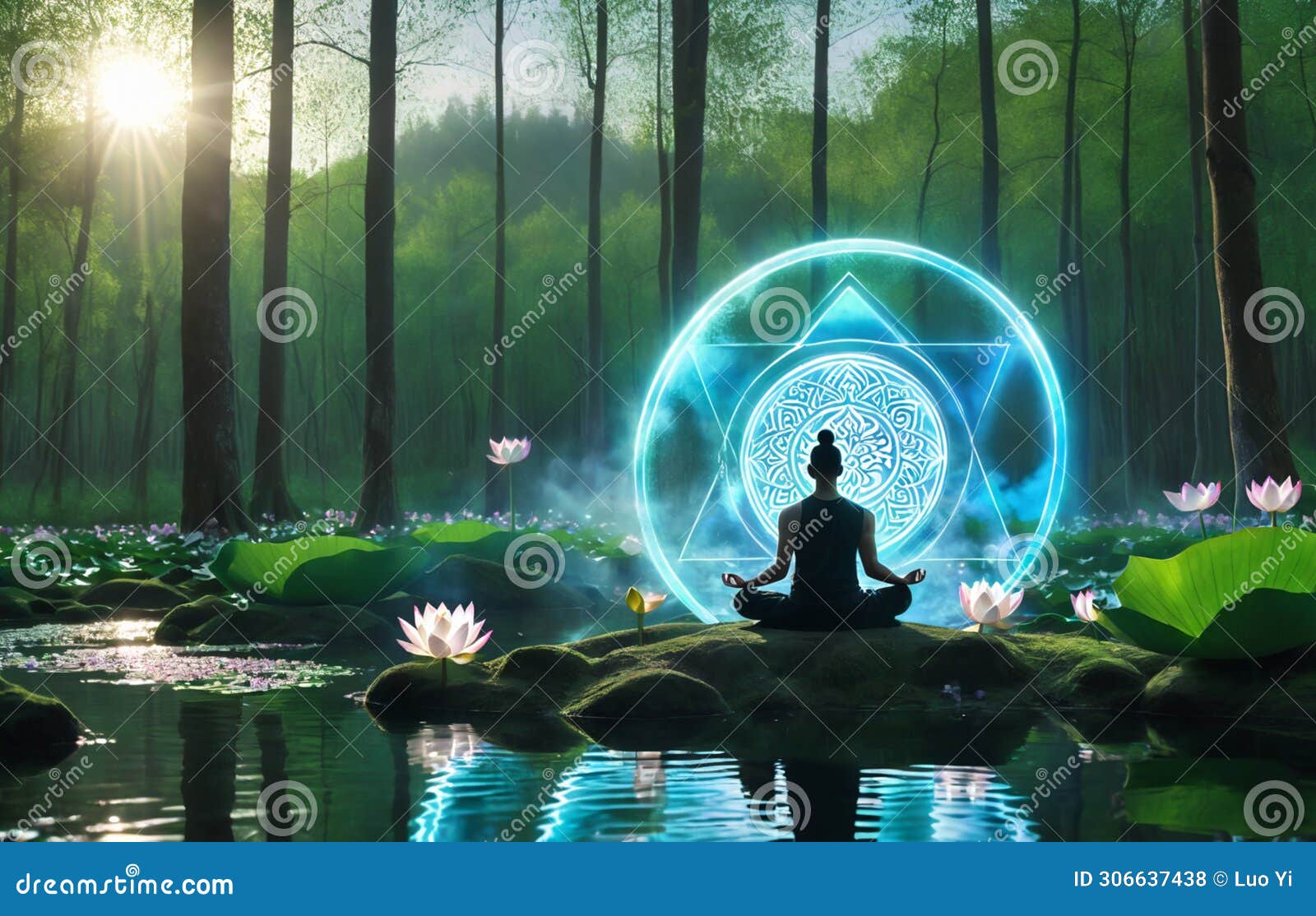 Monk in Lotus Pose Practicing Meditation in Spring Forest in Magic ...