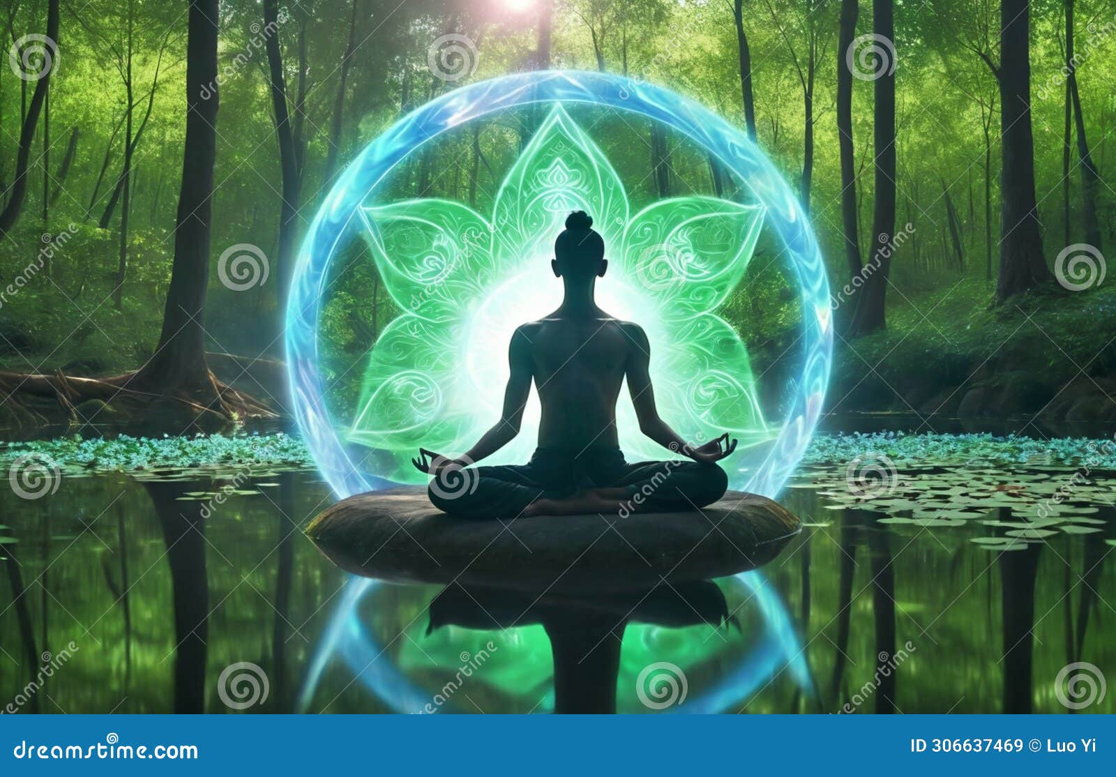 Monk in Lotus Pose Practicing Meditation in Spring Forest in Magic ...