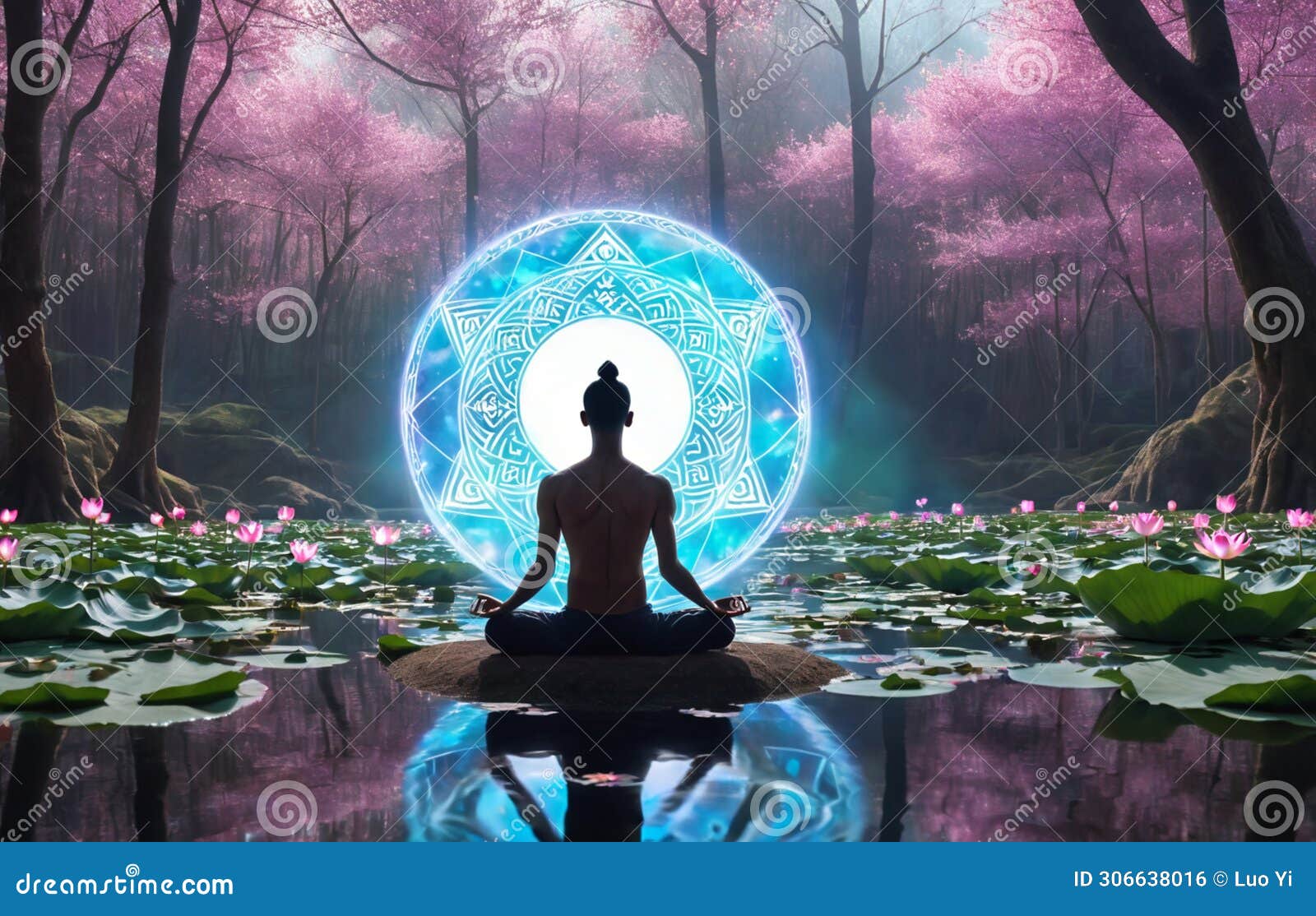 Monk in Lotus Pose Practicing Meditation in Spring Forest in Magic ...