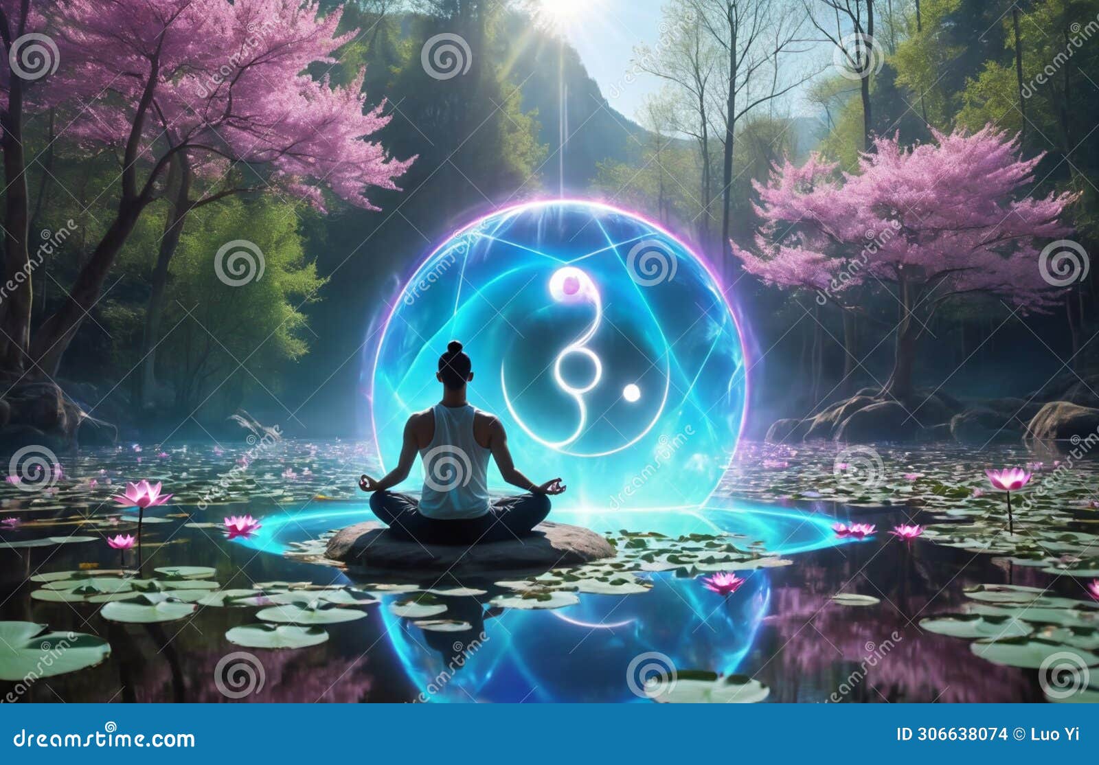 Monk in Lotus Pose Practicing Meditation in Spring Forest in Magic ...