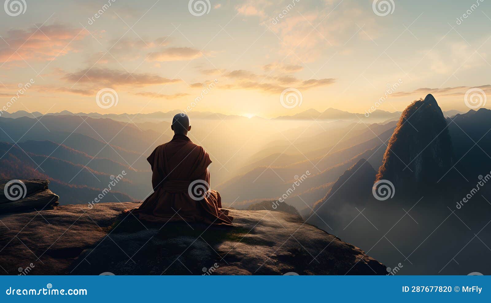 Monk Meditating Calmly in the Mountains during Sunrise Stock ...