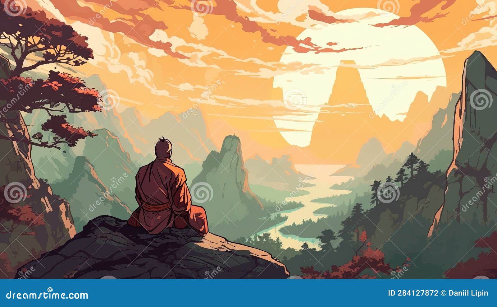 A Monk Meditating in a Serene Mountain Setting Stock Illustration ...