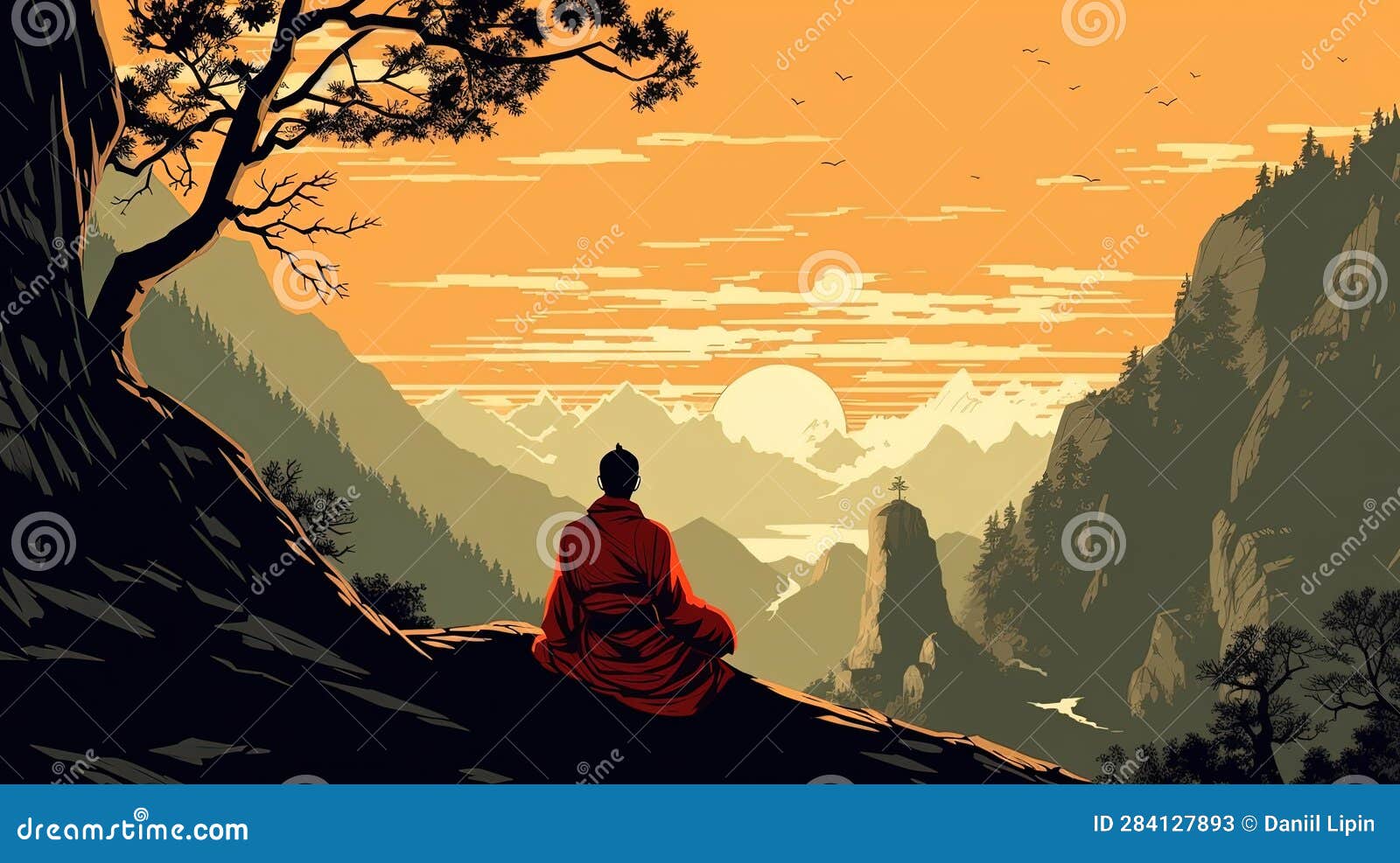 A Monk Meditating in a Serene Mountain Setting Stock Illustration ...