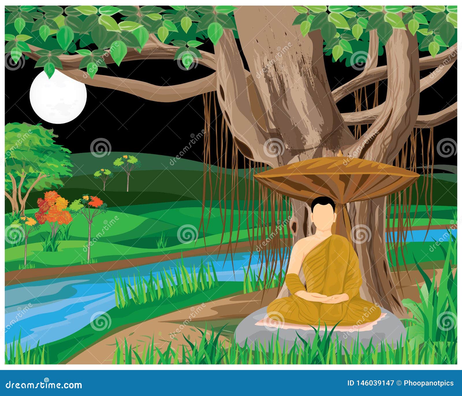 The Monk Meditation Under Tree Stock Vector - Illustration of sculpture ...