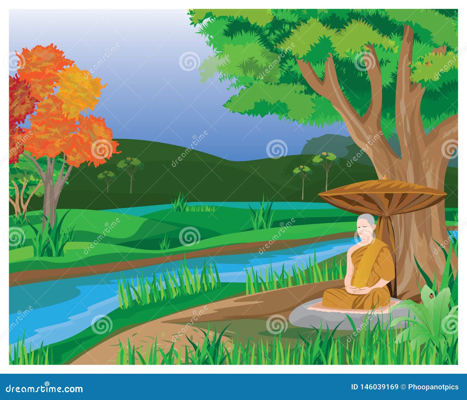 The Monk Meditation Under Tree Stock Vector - Illustration of peace ...