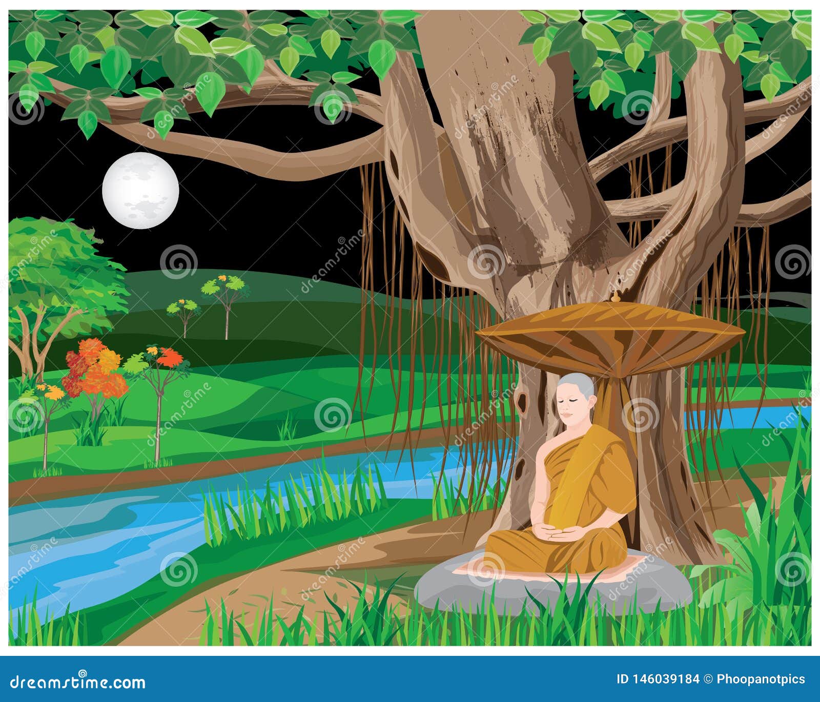 The Monk Meditation Under Tree Stock Vector - Illustration of monk ...
