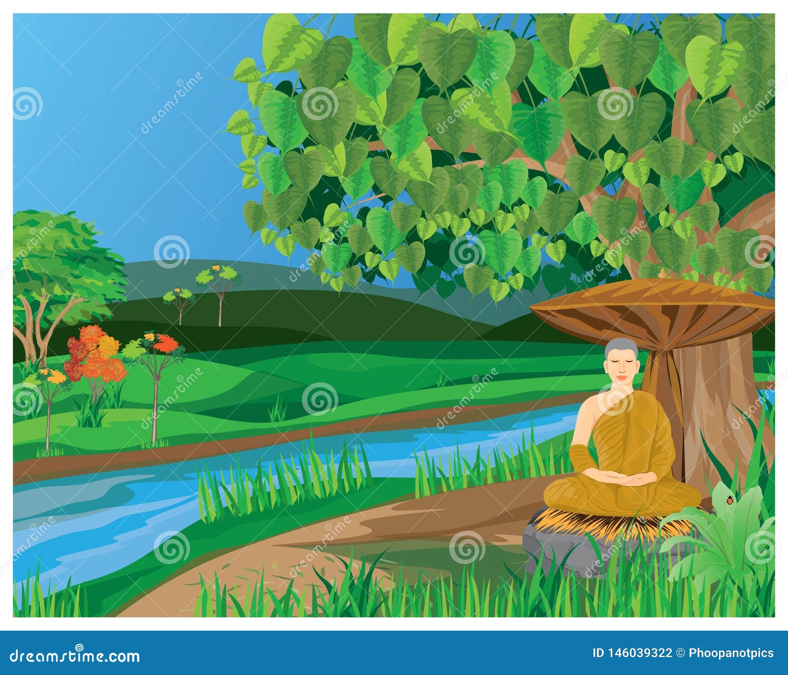 The Monk Meditation Under Tree Stock Vector - Illustration of india ...