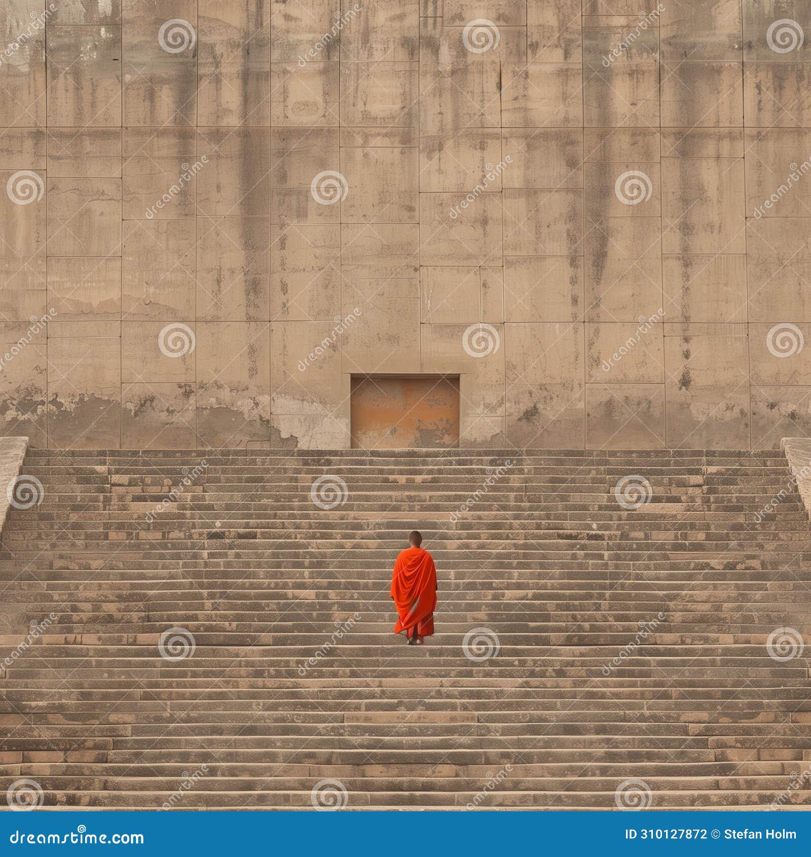 Monk in Orange Robe Ascends the Broad Steps of a Temple Complex, Area ...