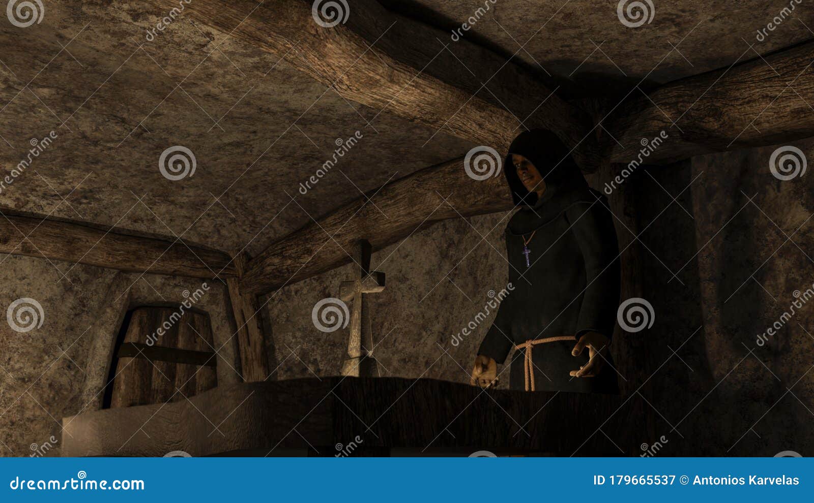 Monk - Priest - In Front Of The Cross In The Crypt Royalty-Free Stock ...