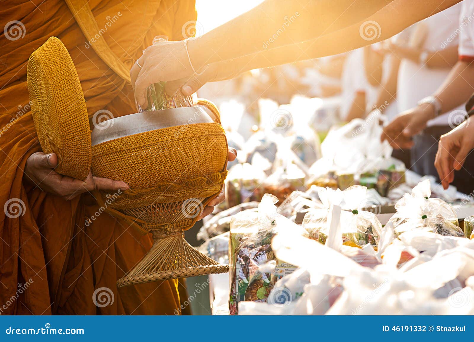 Monk Receiving Food and Items Offering Stock Photo - Image of money ...