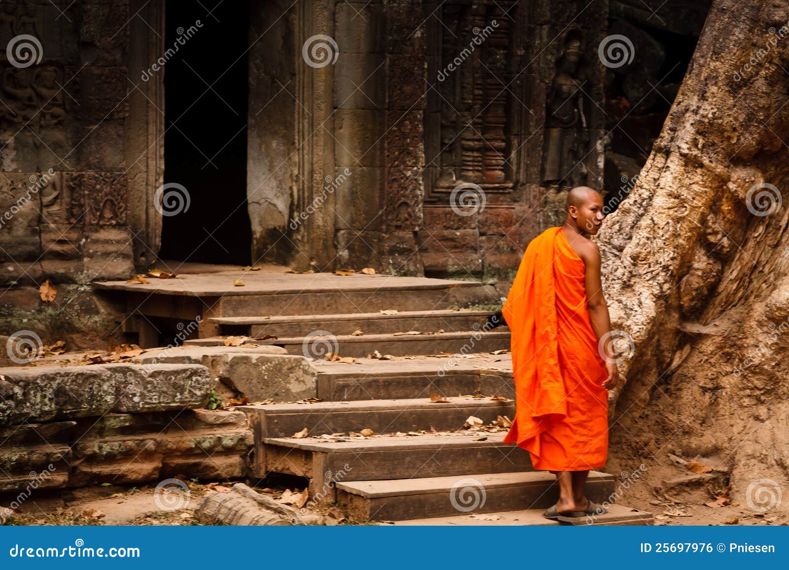 Monk in Saffron Robes at Angkor Wat Editorial Photo - Image of jungle ...