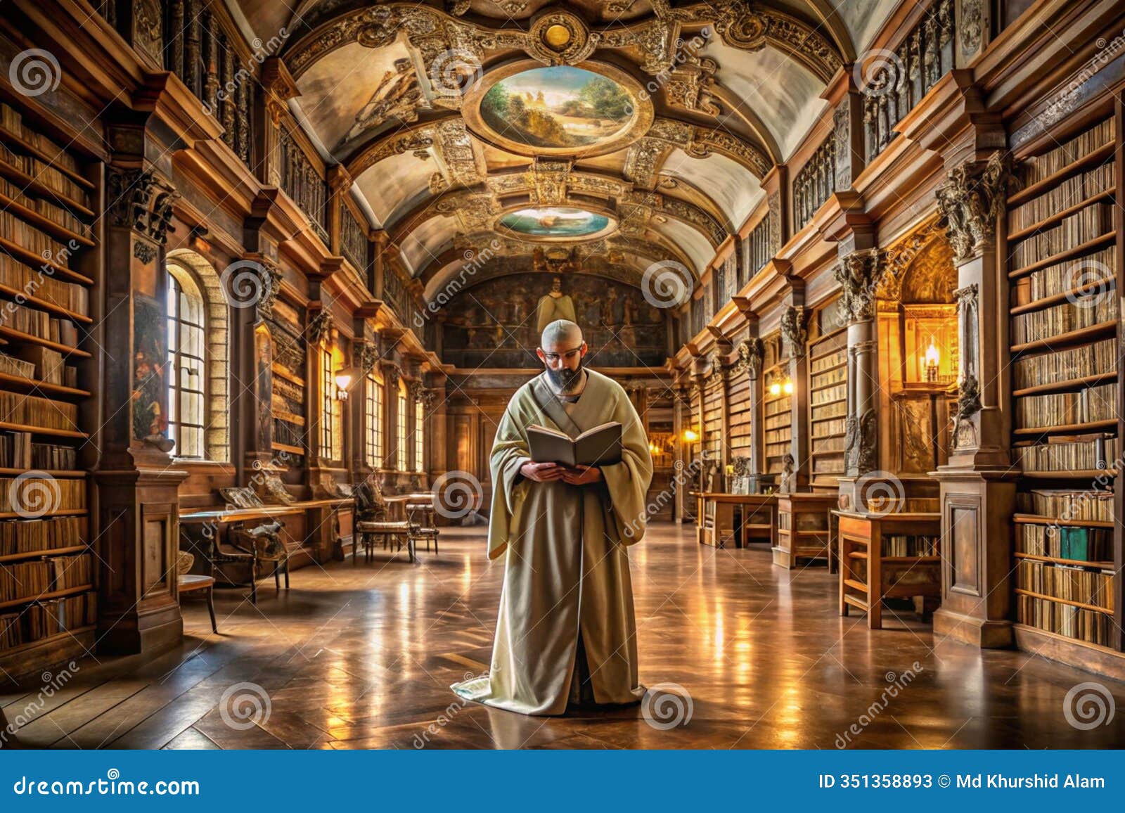 Monk Studying Ancient Manuscripts in an Ornate Monastery Library with ...